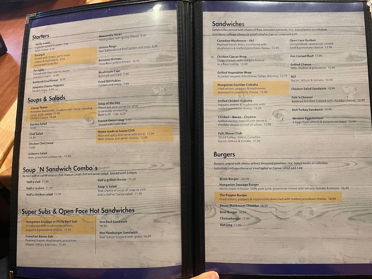 Menu at Falls Manor Restaurant, Niagara Falls