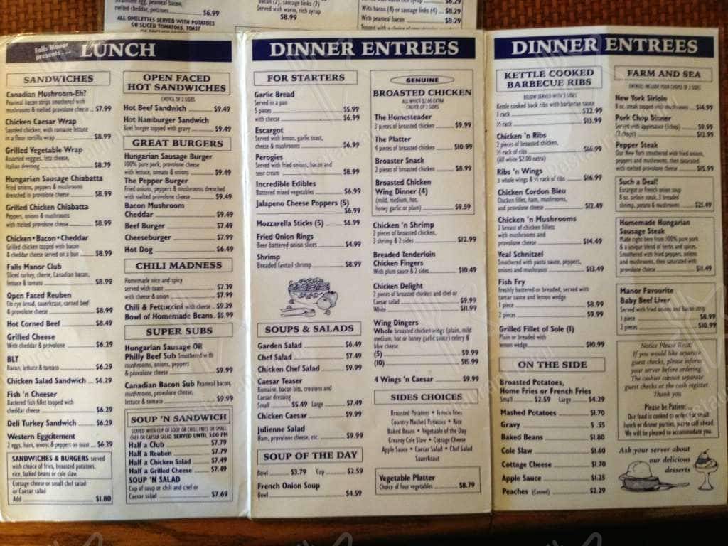 Menu at Falls Manor Restaurant, Niagara Falls
