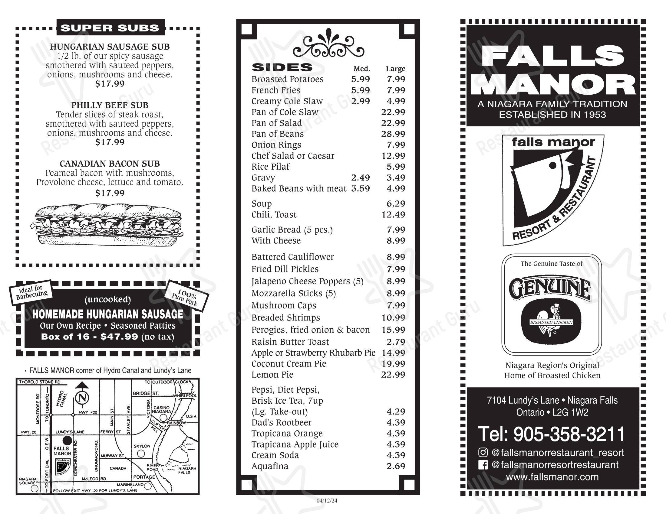 Menu at Falls Manor Restaurant, Niagara Falls