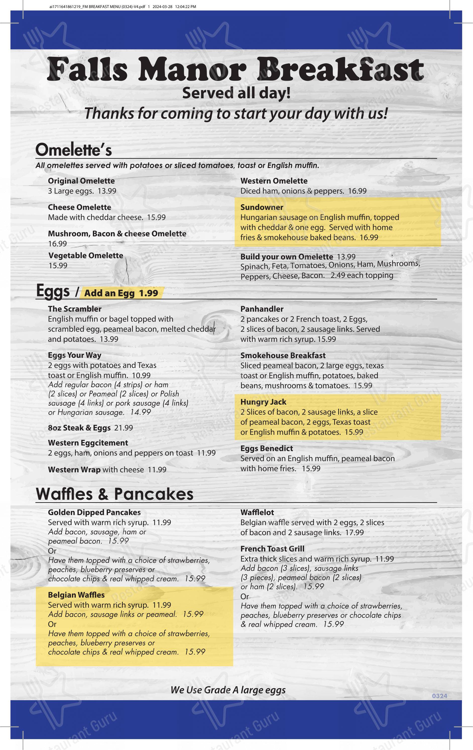 Menu at Falls Manor Restaurant, Niagara Falls