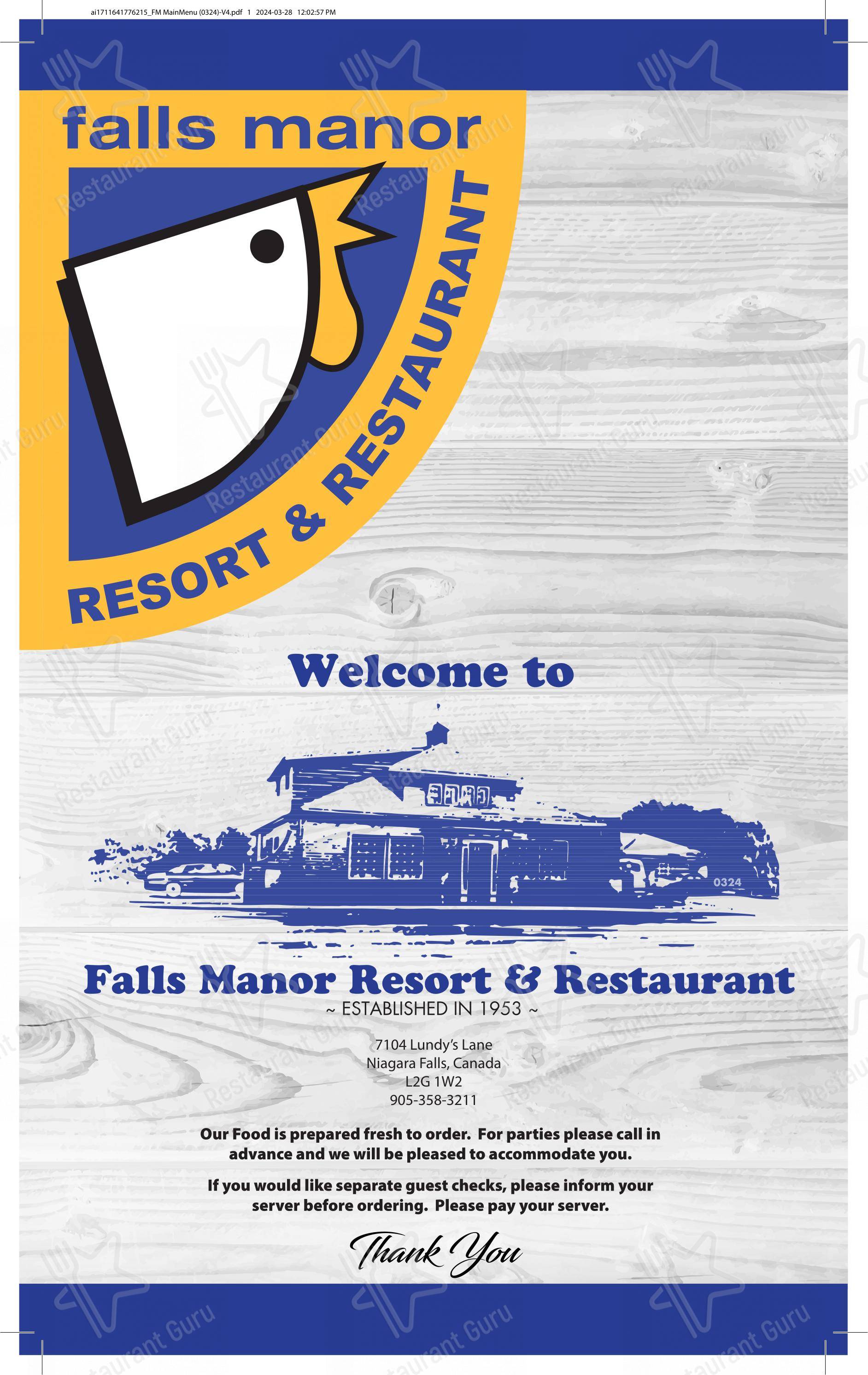 Menu at Falls Manor Restaurant, Niagara Falls