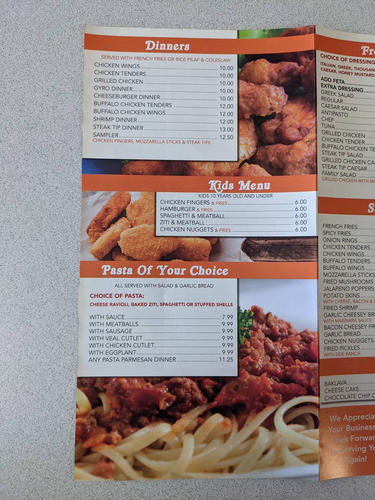 Menu at Family Pizza restaurant, Pittsfield