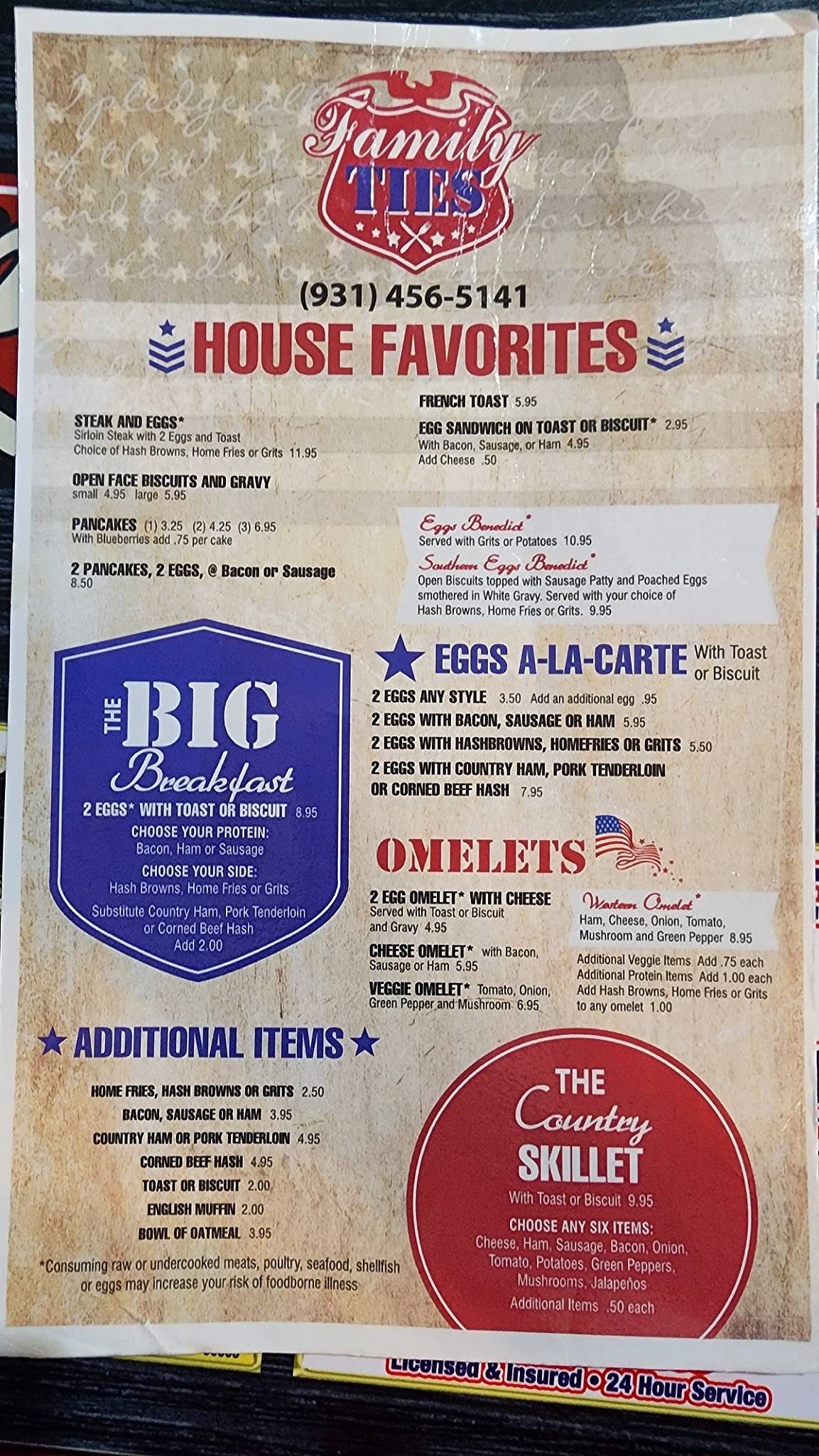 Menu at Family Ties Restaurant, Crossville