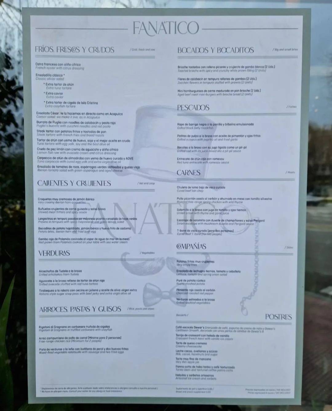 Carta del restaurante Fanático Madrid, Madrid