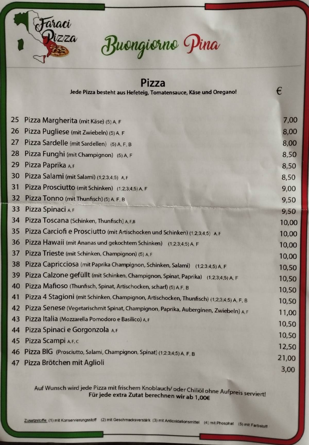 Speisekarte von Faraci Pizza, Hürth