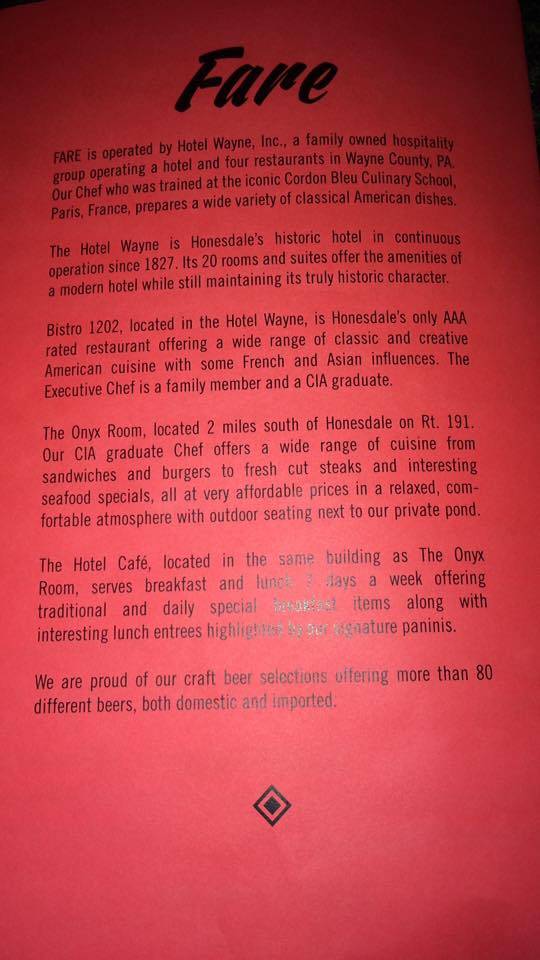 Menu at Fare restaurant, Honesdale