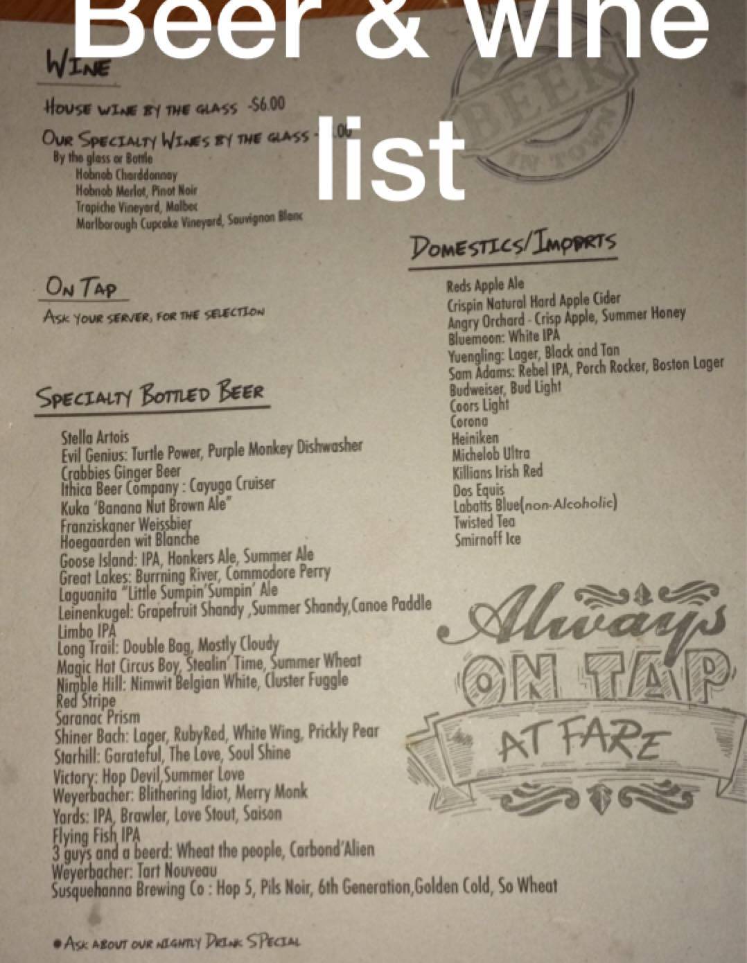 Menu at Fare restaurant, Honesdale