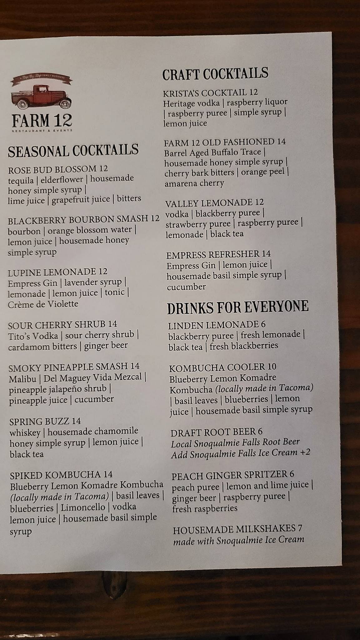 Menu at Farm 12 Restaurant, Puyallup