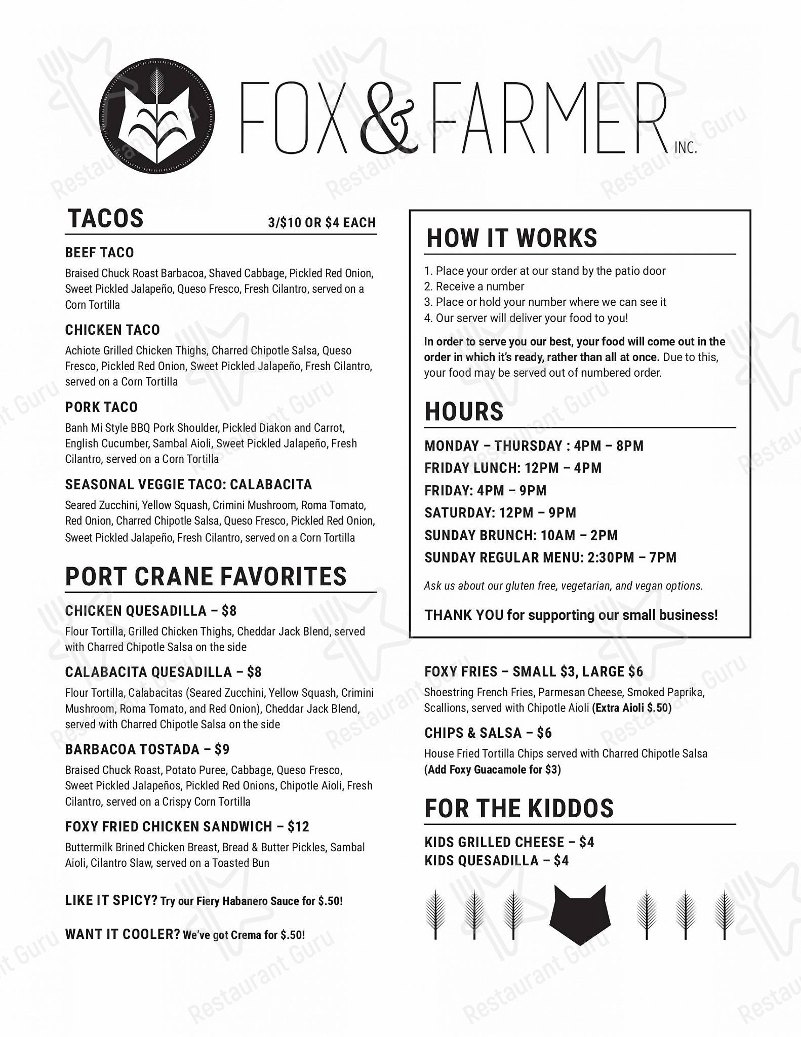 Menu at Farm by Beer Tree Brew restaurant, Port Crane
