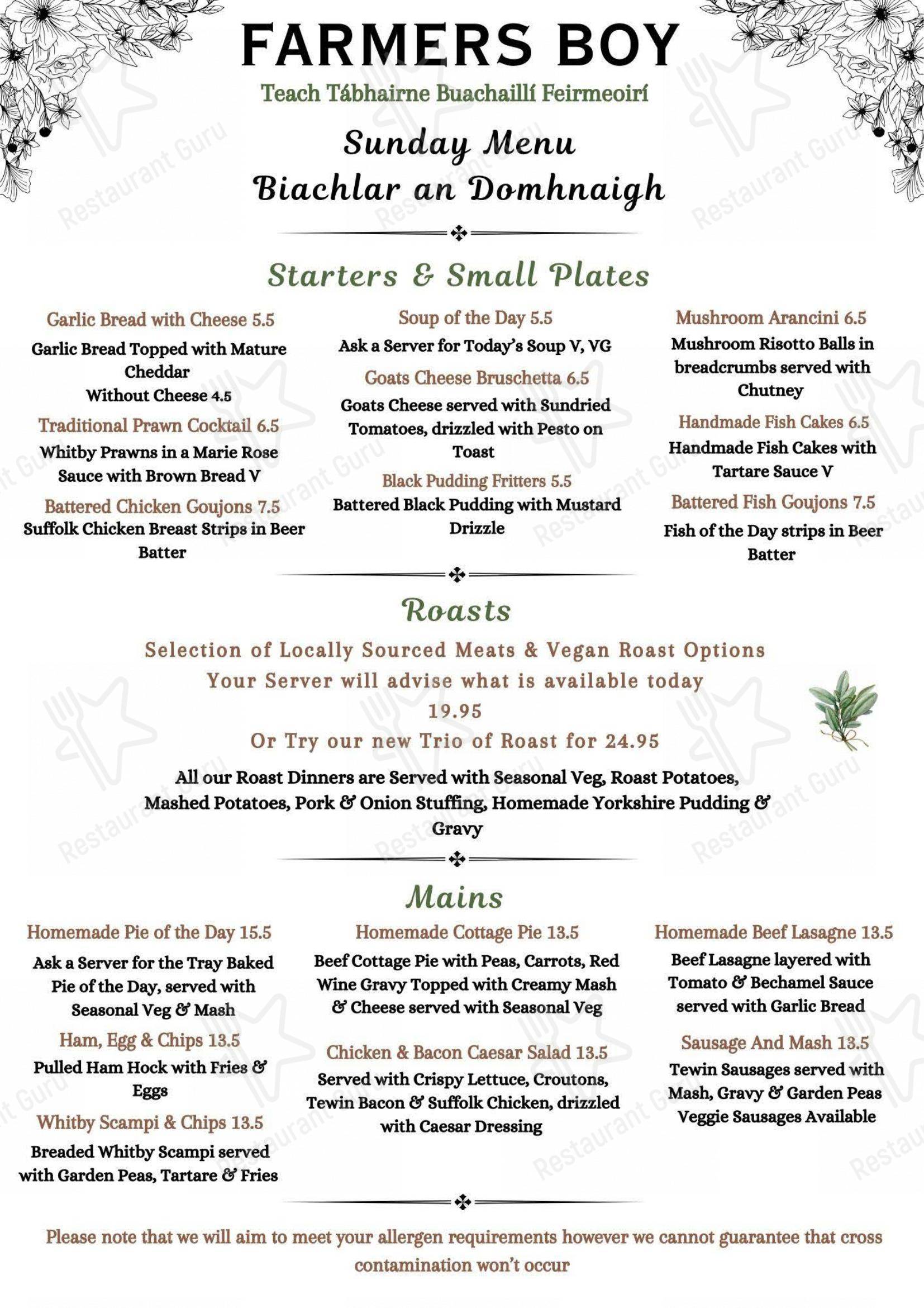 Menu at Farmers Boy Brickendon pub & bar, Hertford