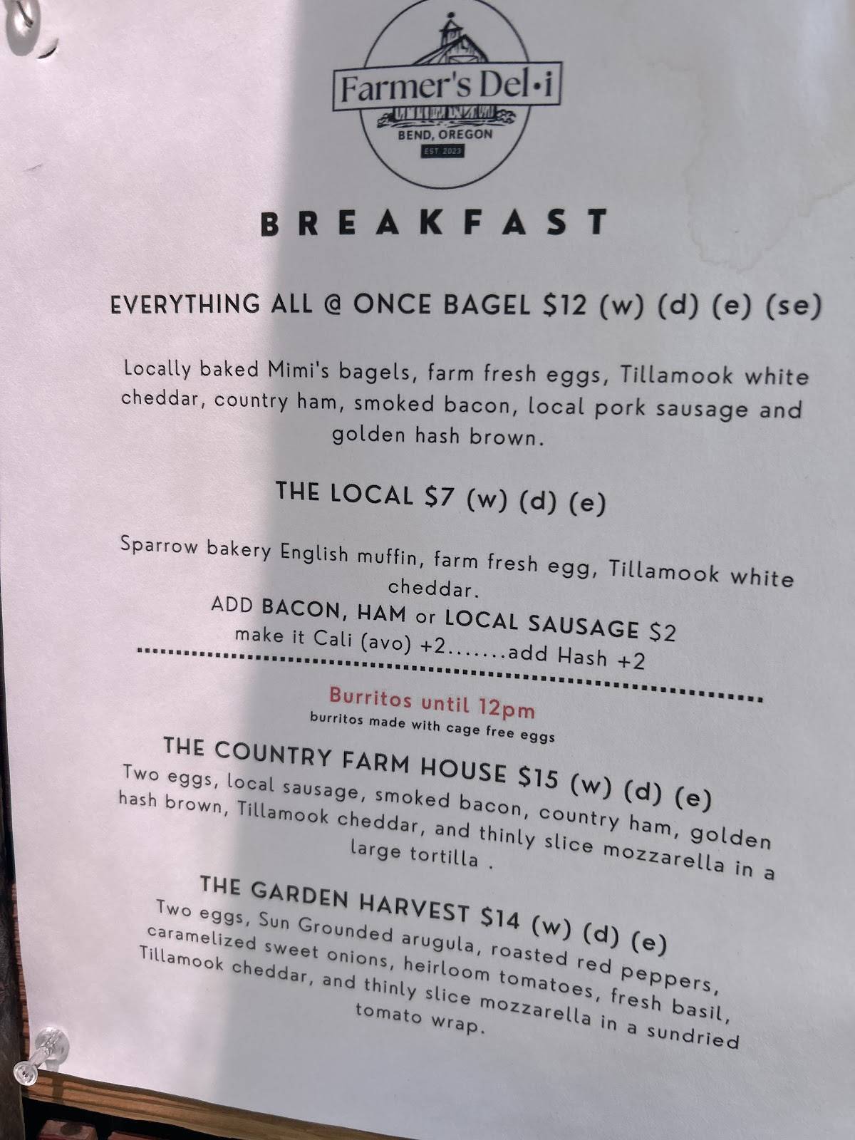 Menu at Farmer's Deli, Bend