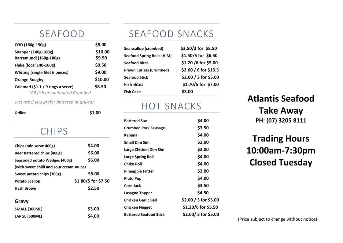 Menu at Atlantis seafood fast food, Strathpine