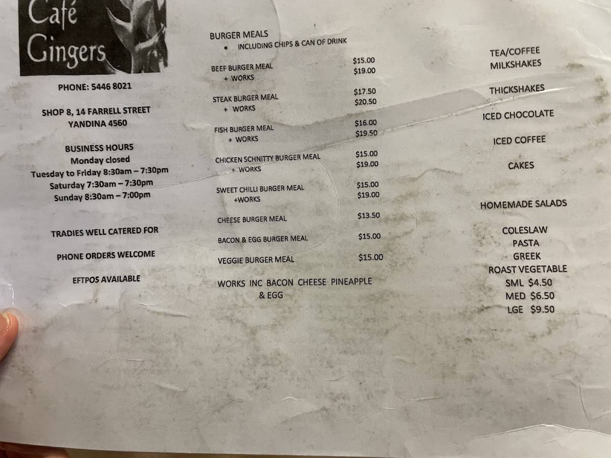 Menu at Cafe Gingers, Yandina
