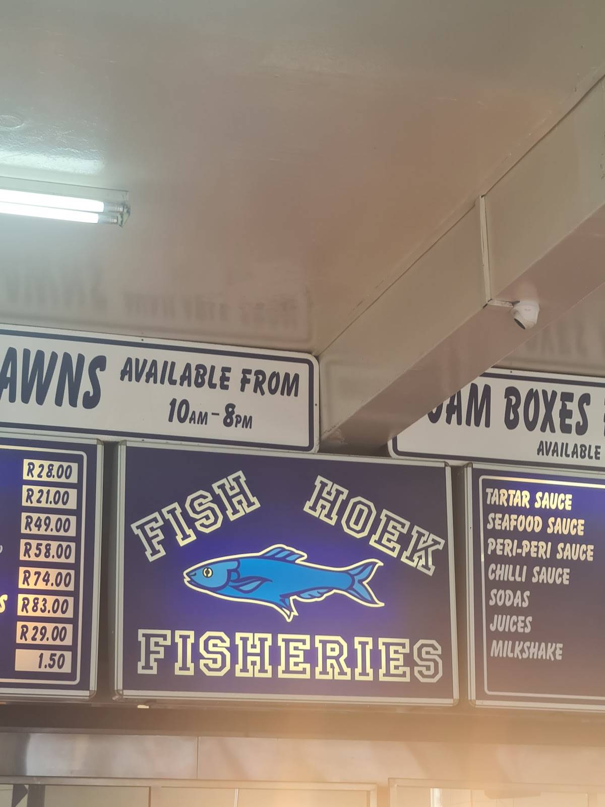 Menu at Fish Hoek Fisheries fast food, Cape Town