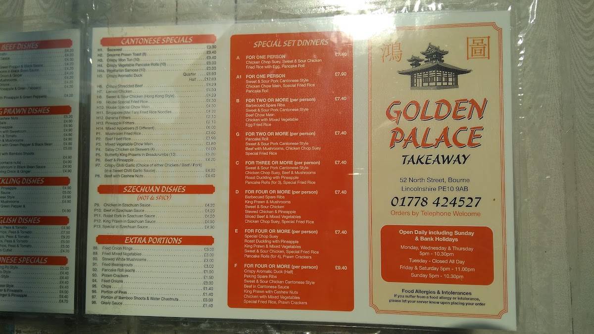 Menu at Golden Palace fast food, Bourne, 52 North St