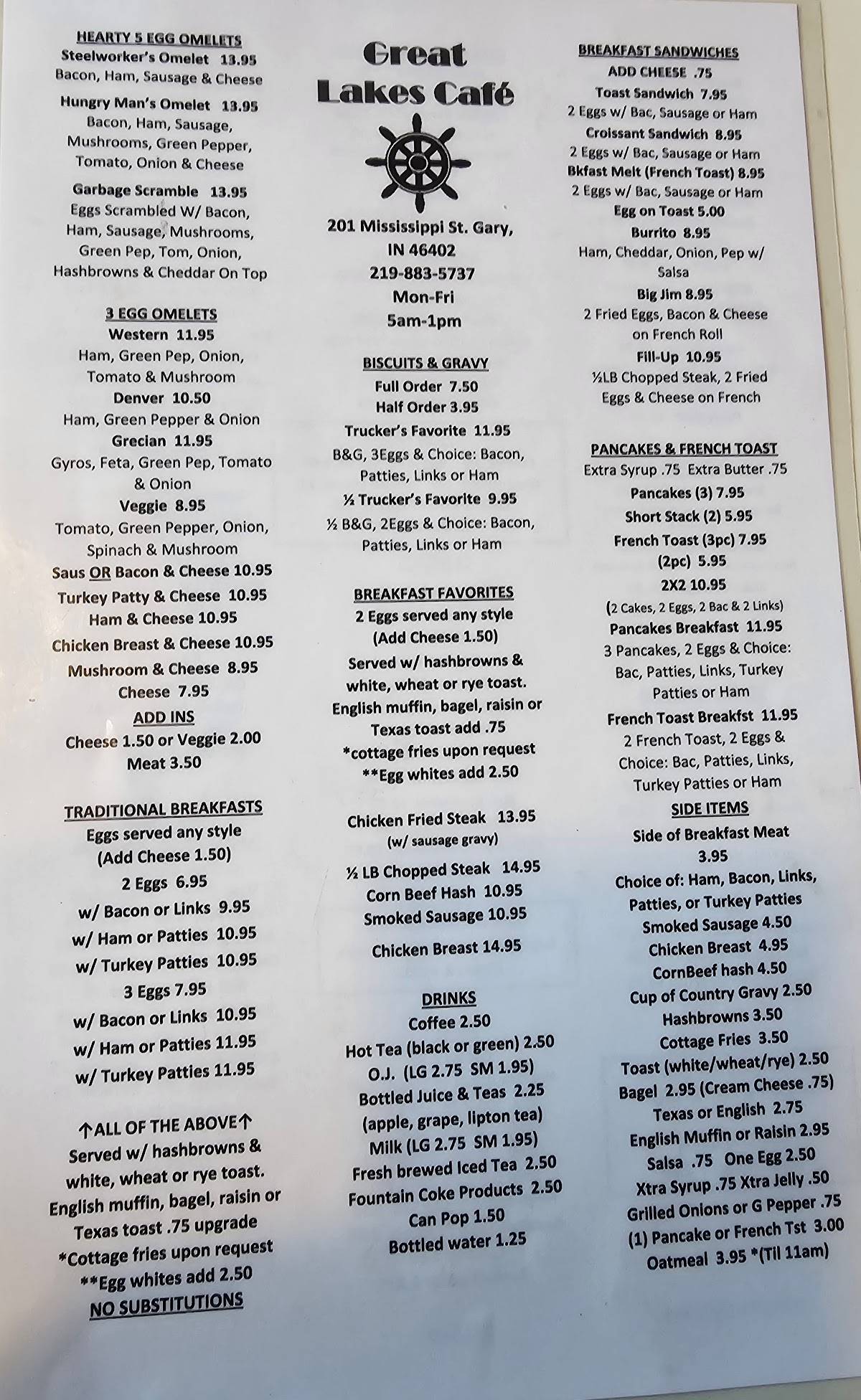 Menu at Great Lakes Cafe, Gary
