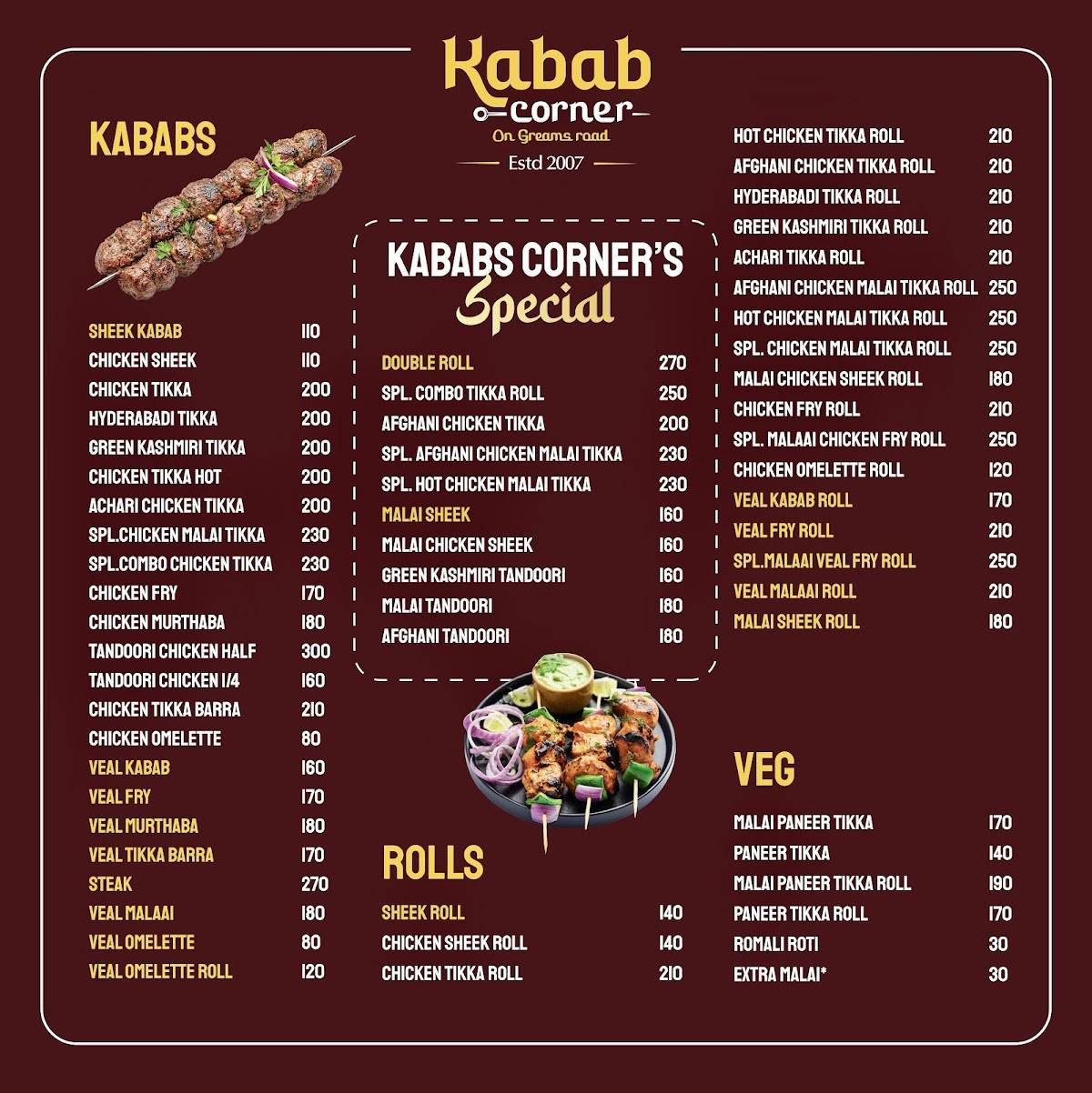 Menu at Kabab Corner, Chennai, 12/1