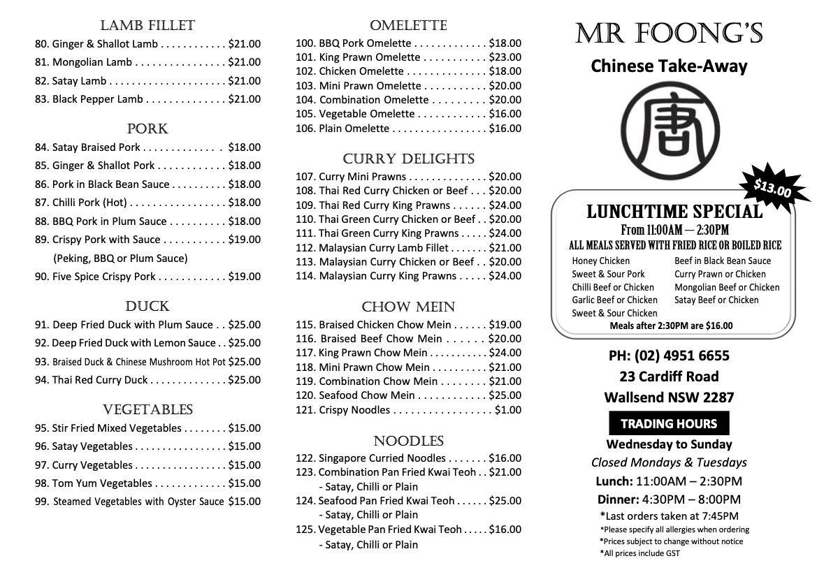 Menu at Mr Foongs fast food, Wallsend