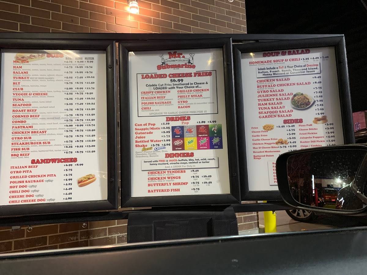 Menu at Mr. Submarine fast food, Chicago, 8502 S Pulaski Rd