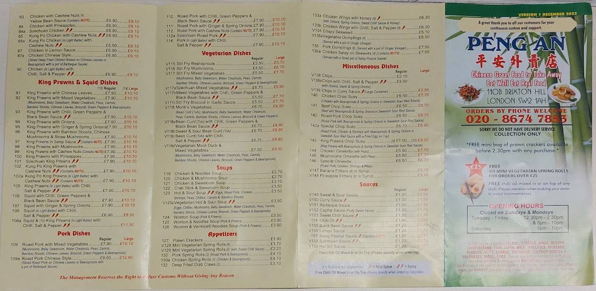 Menu at Peng An Chinese fast food, London