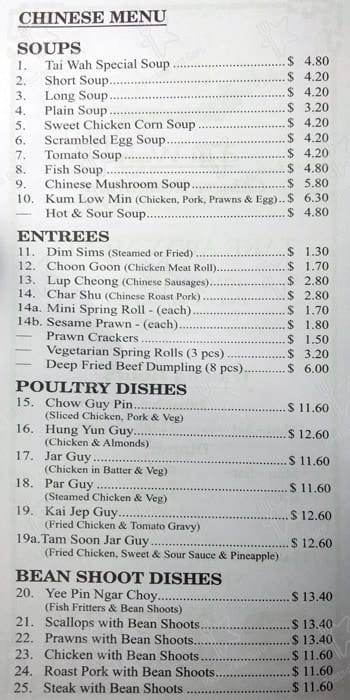 Menu at Tai Wah fast food, Mentone