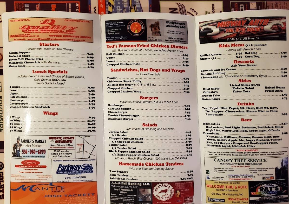 Menu at Ted's Famous Kickin' Chicken fast food, Winston-Salem, S Main St