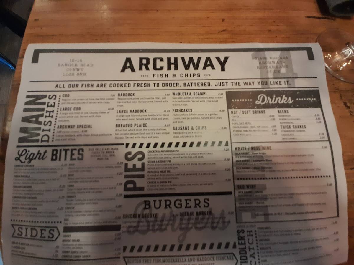 Menu at The Archway fast food, Conwy
