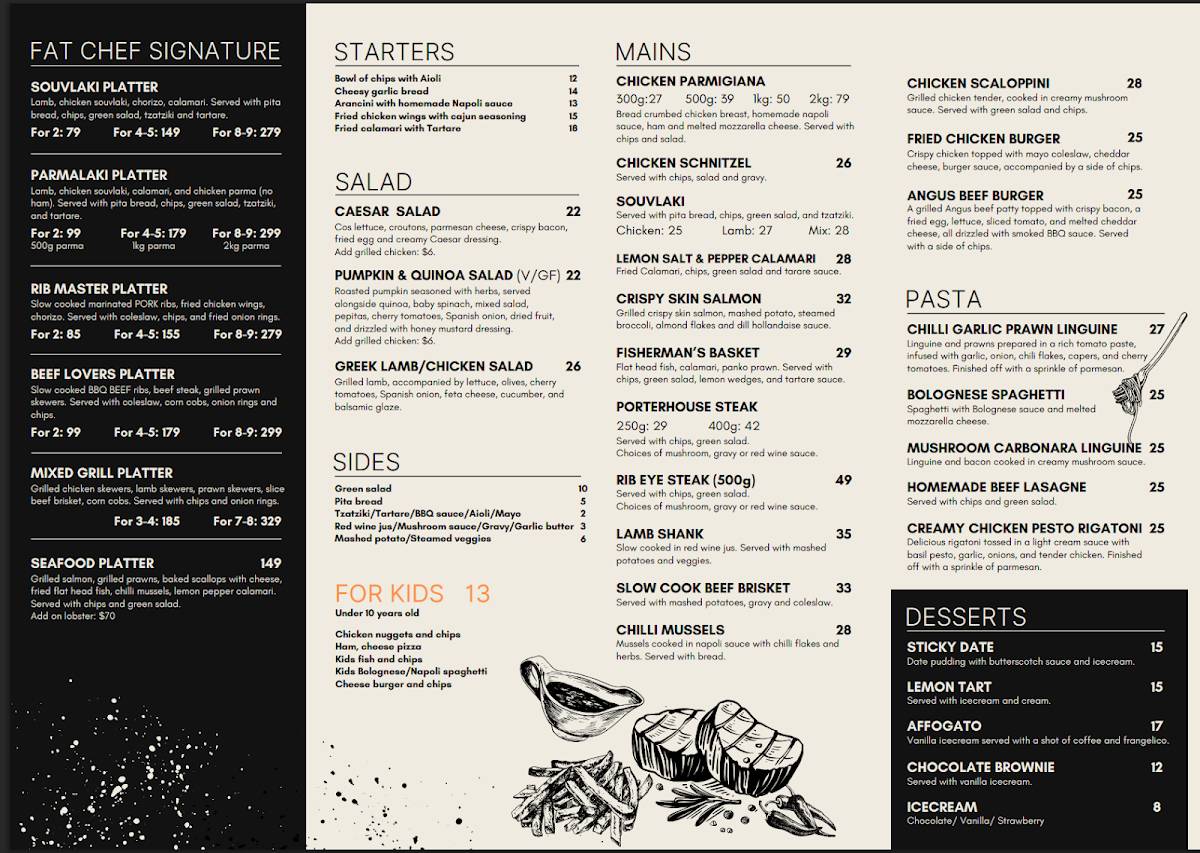 Menu at Fat Chef Ballarat restaurant, Alfredton