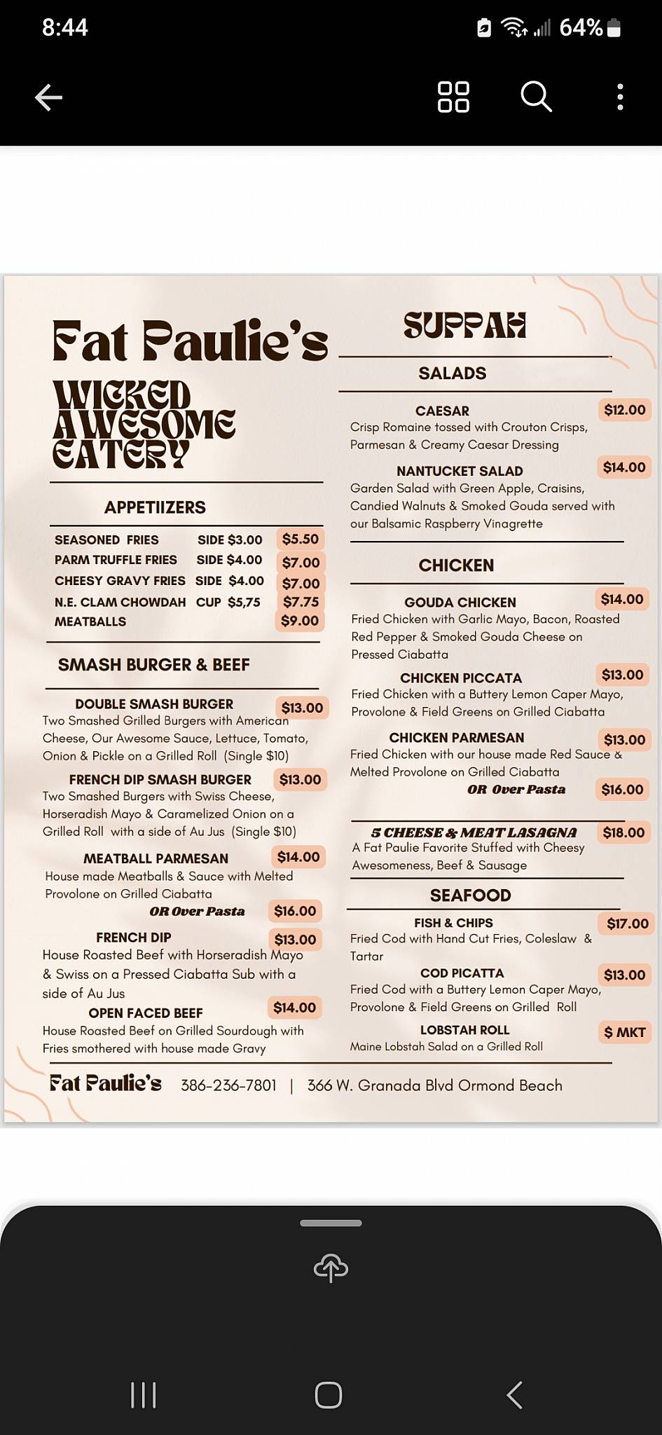 Menu at Fat Paulies Wicked Awesome Eatery restaurant, Ormond Beach