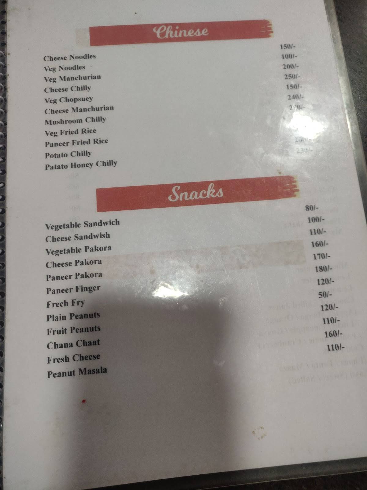 Menu at Fateh Da Dhaba, Jawalamukhi