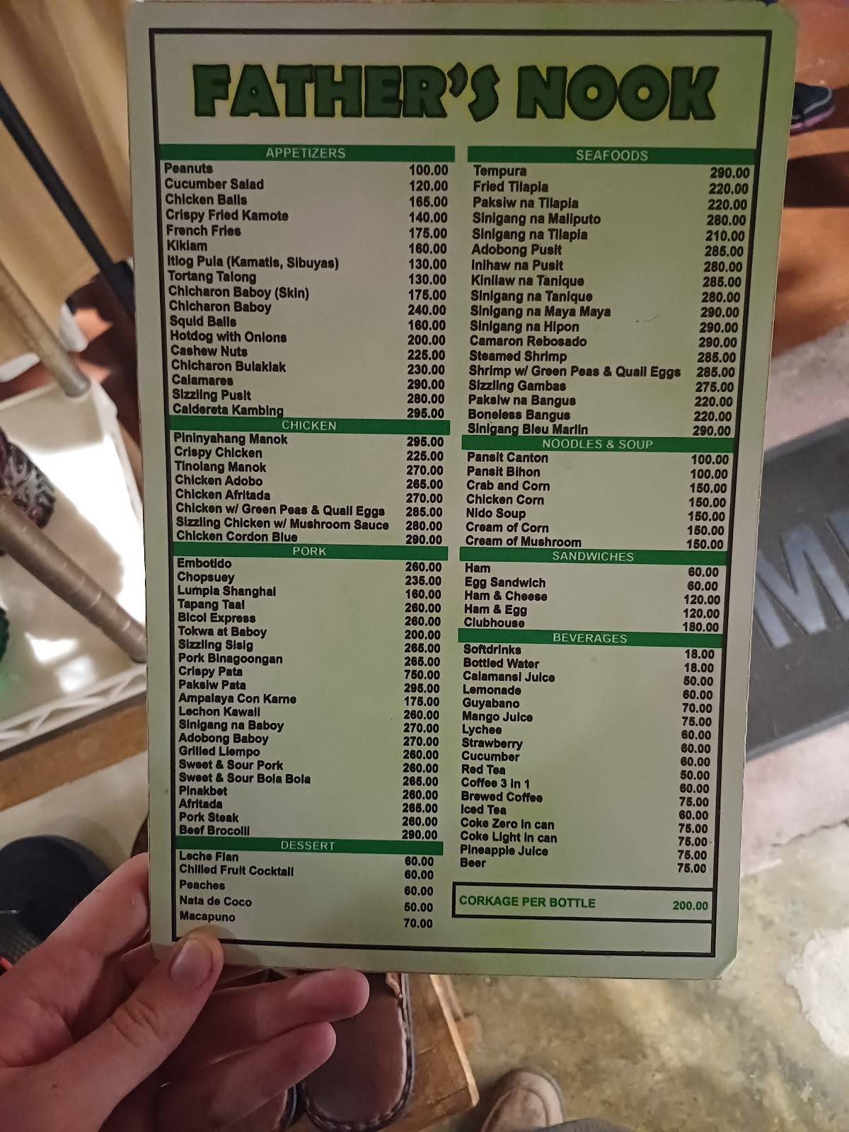 Menu at Father's Nook restaurant, Ibaan
