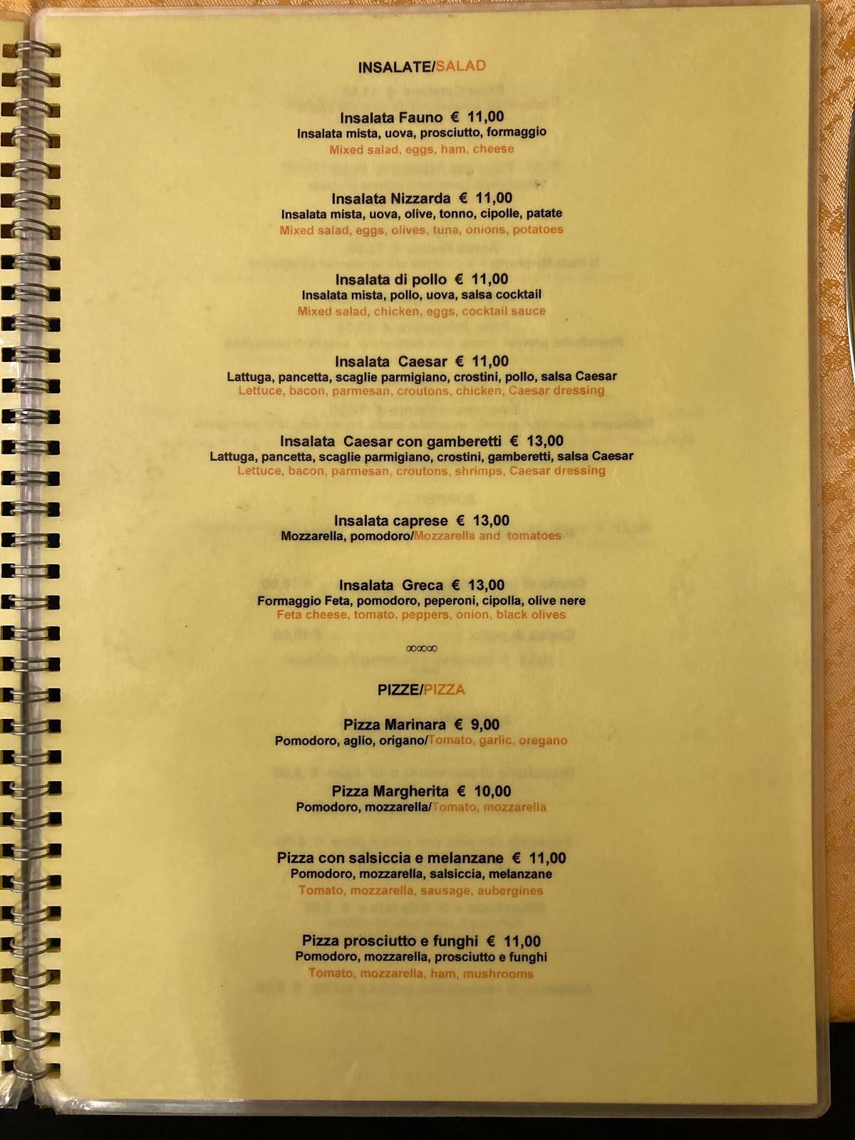 Menu at Fauno Bar, Sorrento
