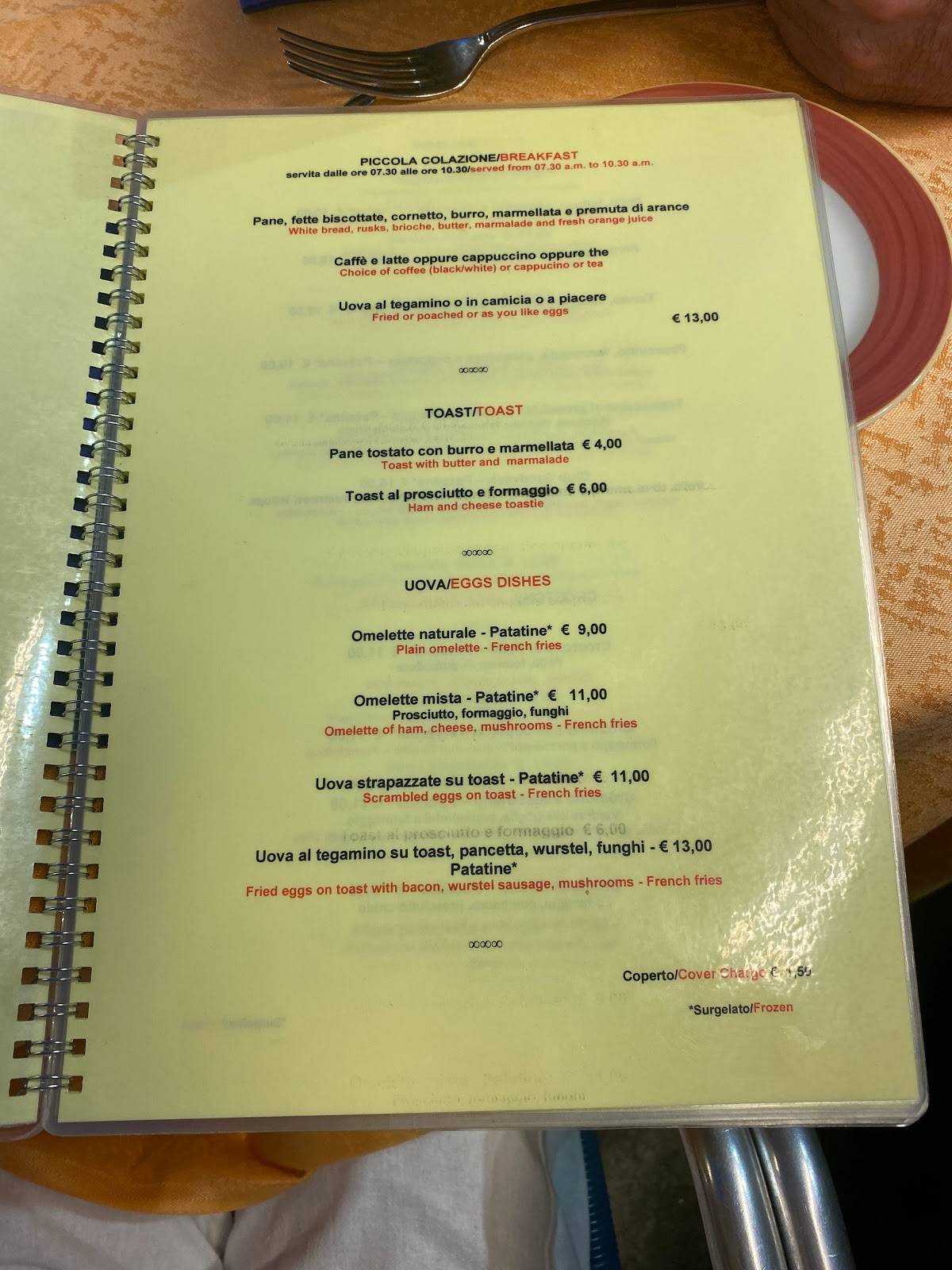 Menu at Fauno Bar, Sorrento