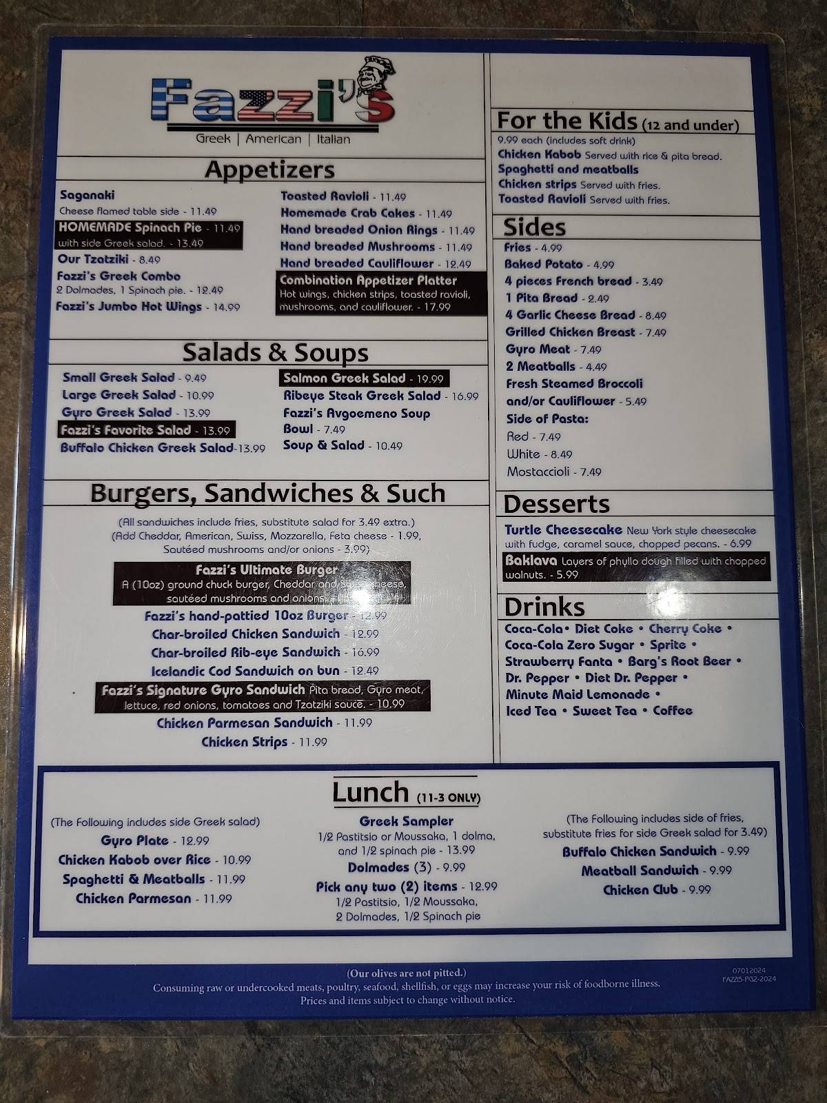 Menu at Fazzi's Restaurant, Collinsville