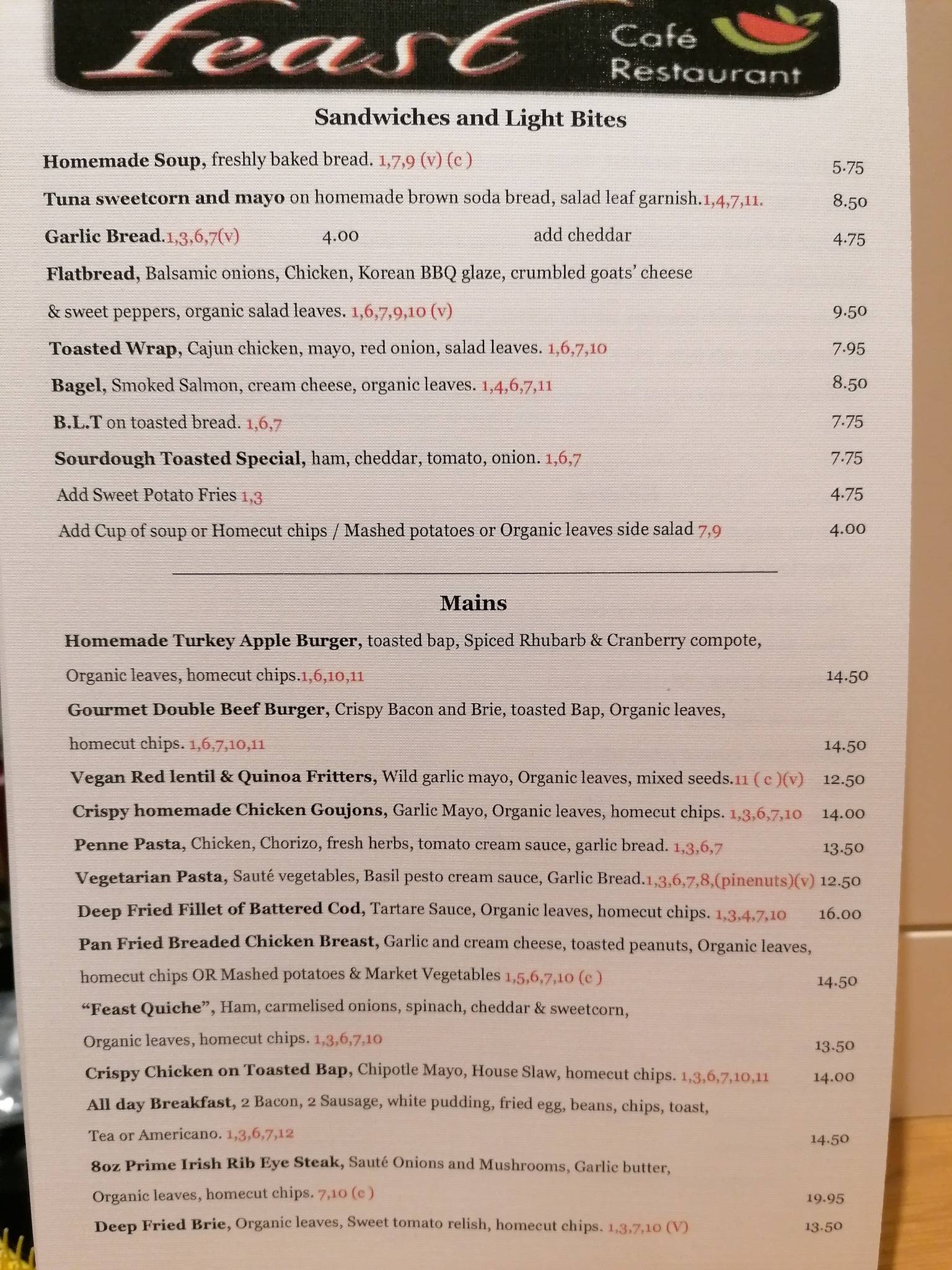 Menu at Feast Cafe and Restaurant, Roscommon