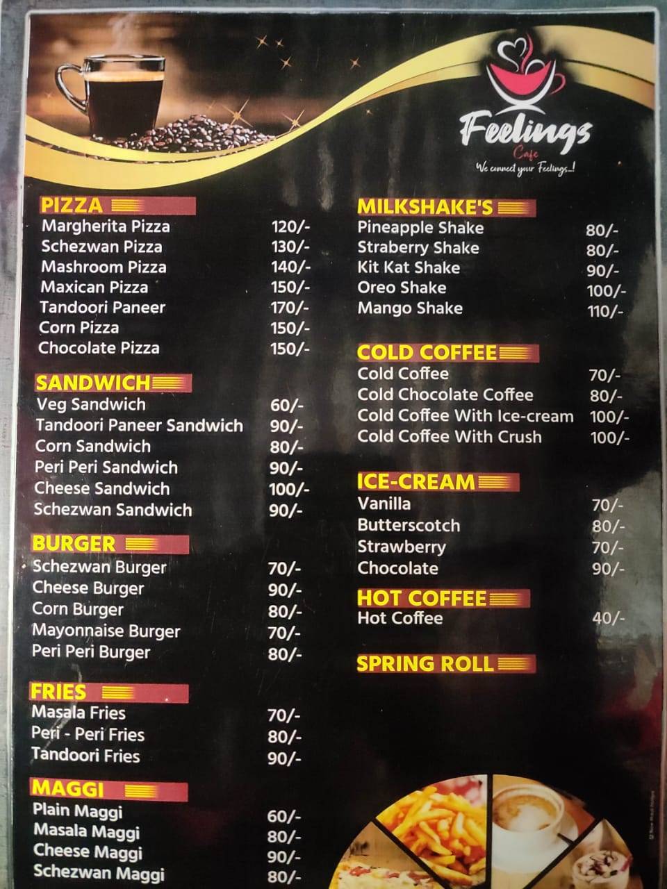 Menu at Feelings cafe, jalna., Jalna