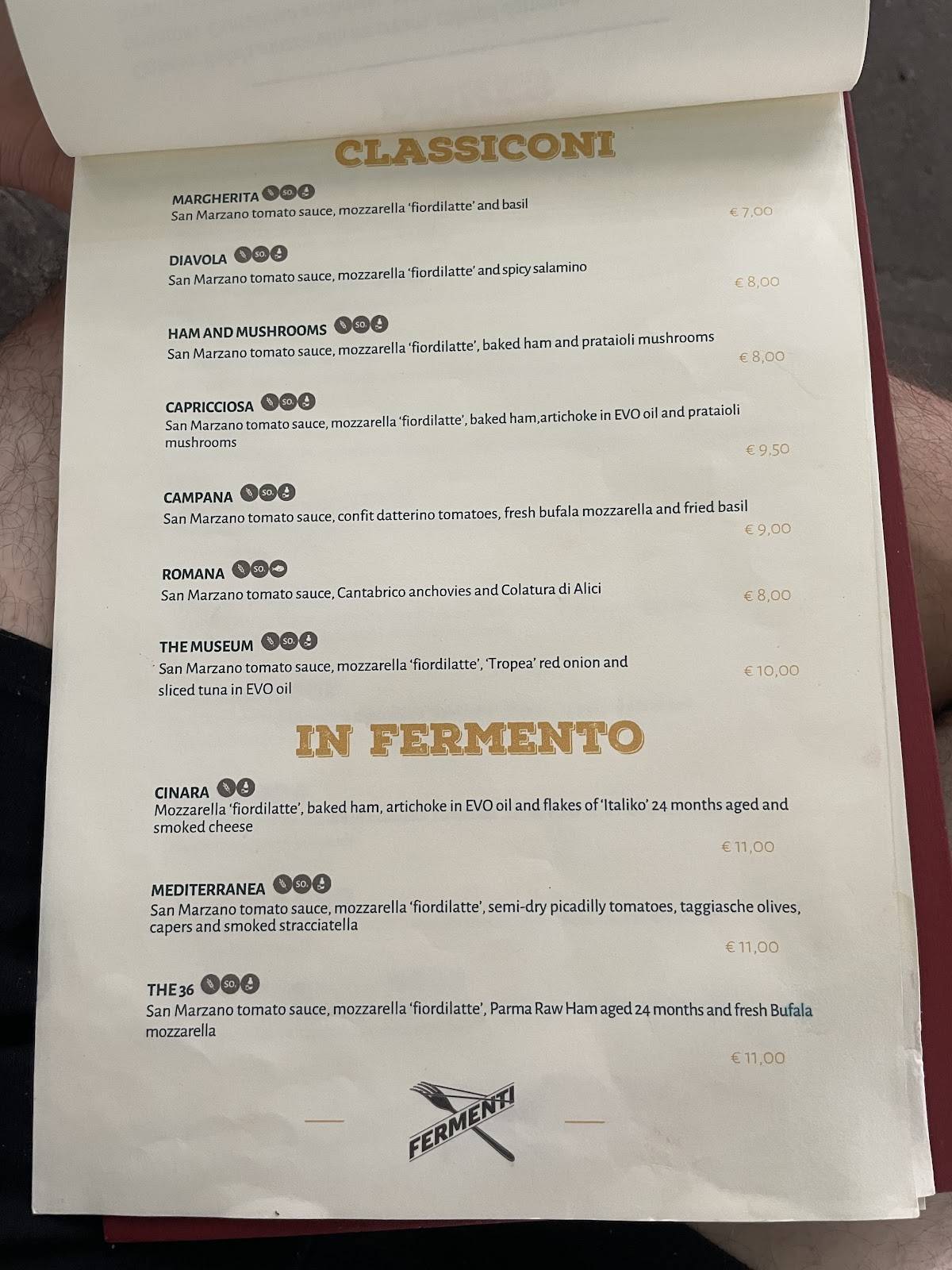 Menu at Fermenti restaurant, Venice