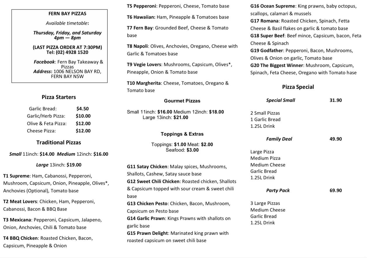 Menu at Fern Bay Store pizzeria, Fern Bay