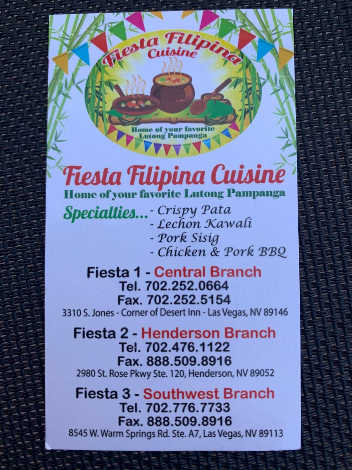Carta de barbacoa Fiesta Filipina Cuisine, Las Vegas, W Warm Springs Rd