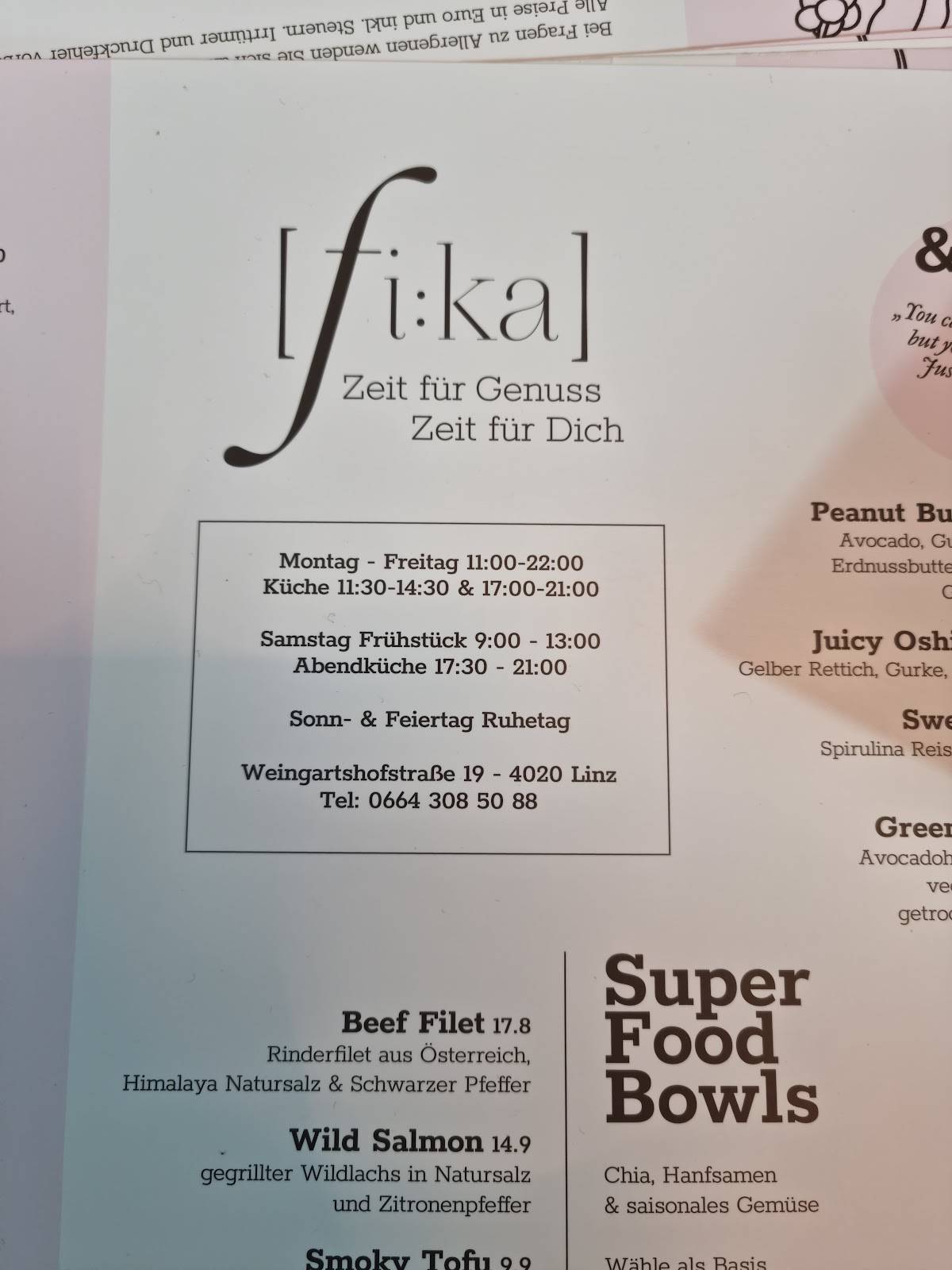 Speisekarte von Fika Linz restaurant, Linz