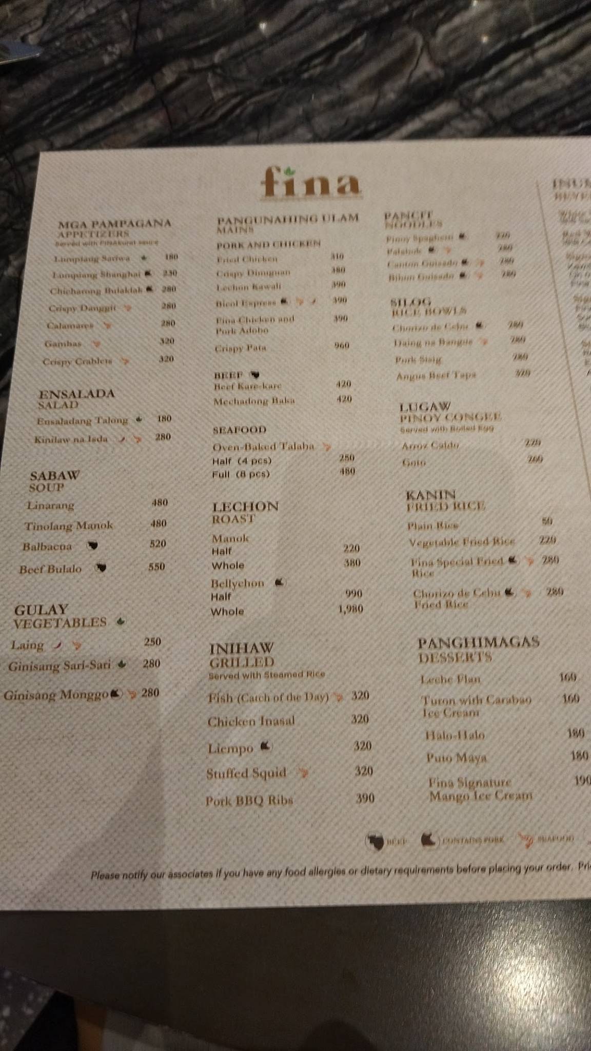 Menu at Fina restaurant, Cebu City