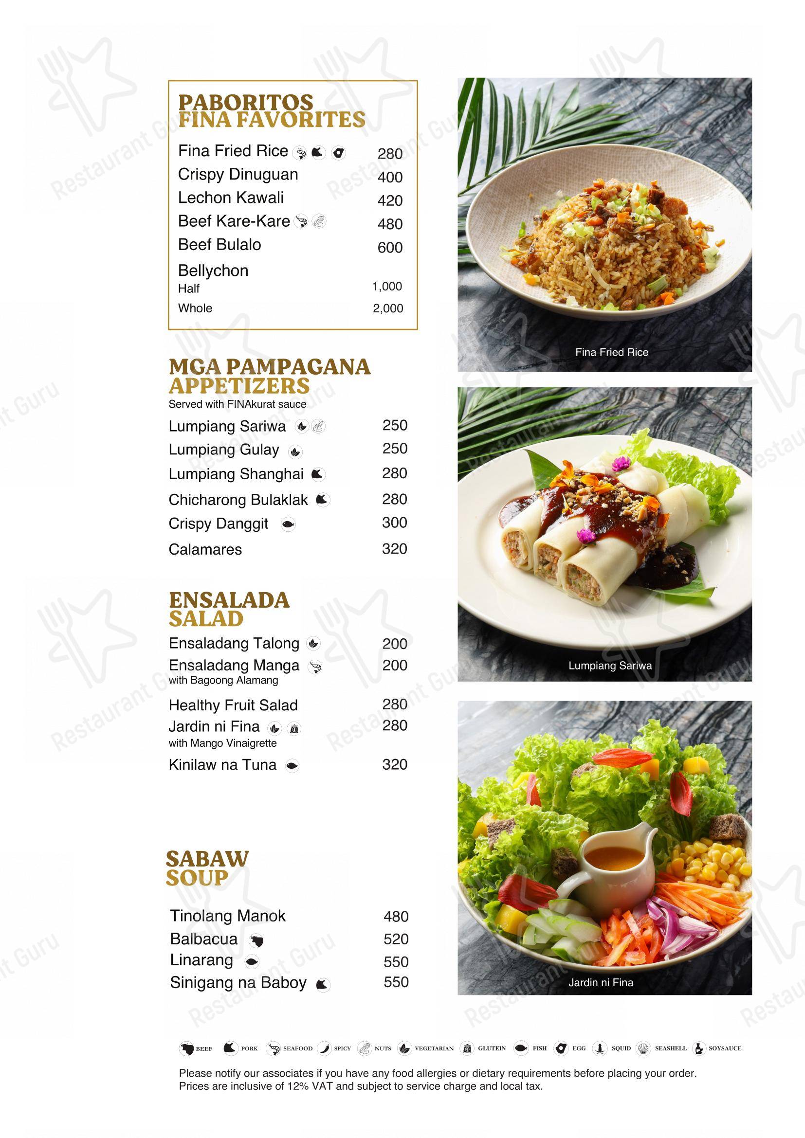 Menu at Fina restaurant, Cebu City