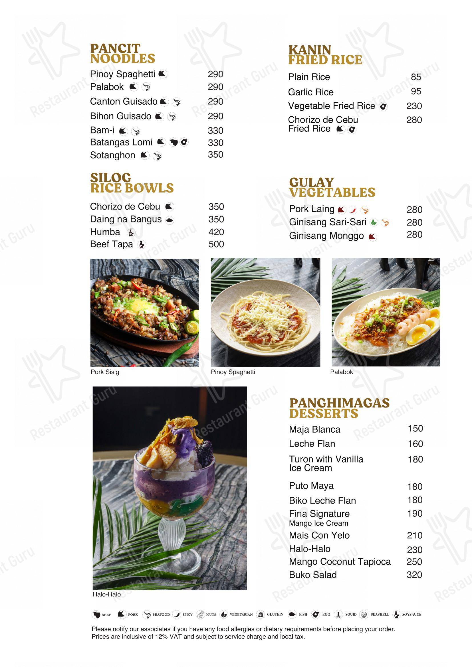 Menu at Fina restaurant, Cebu City