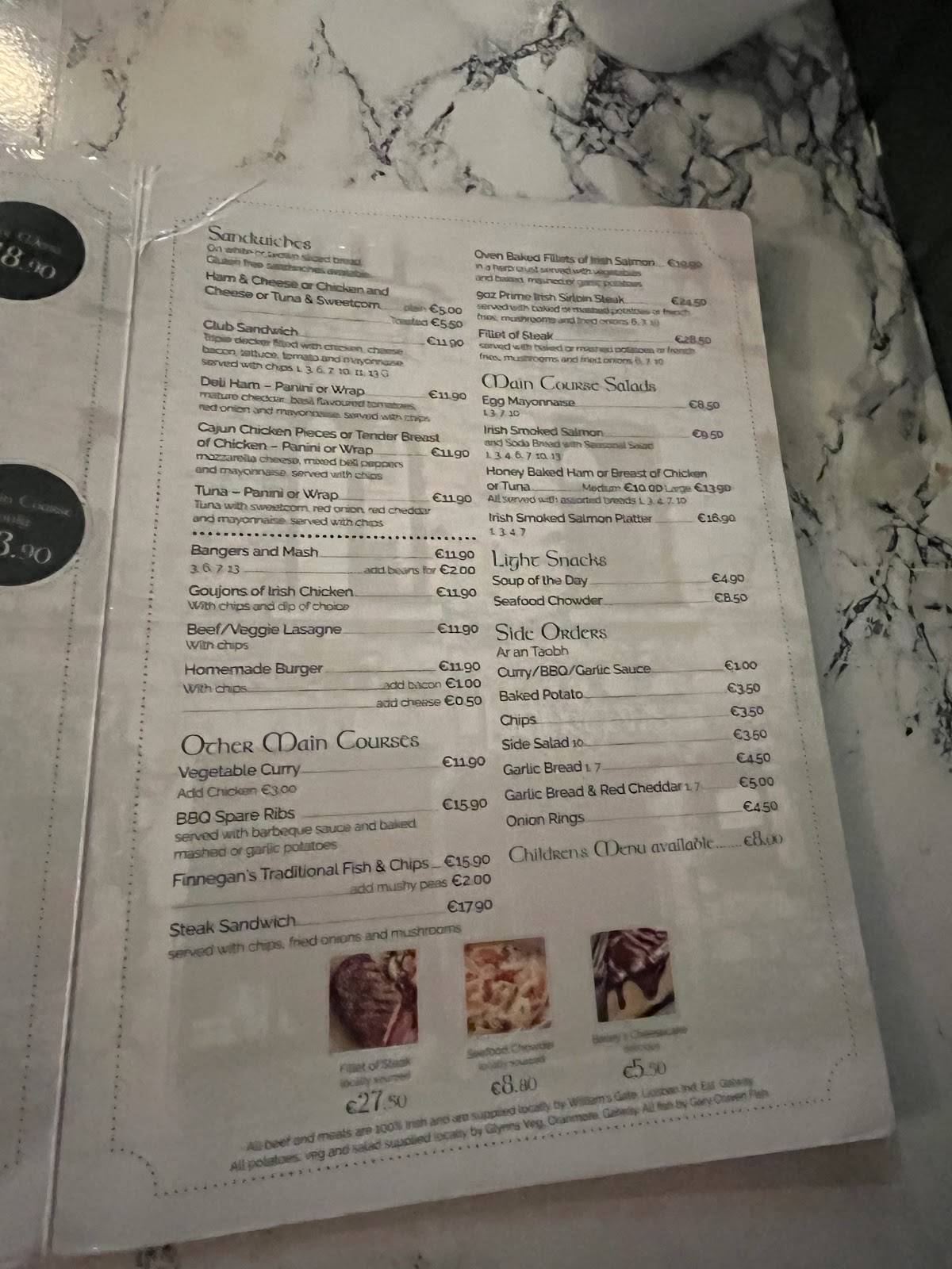 Menu at Finnegans restaurant, Galway