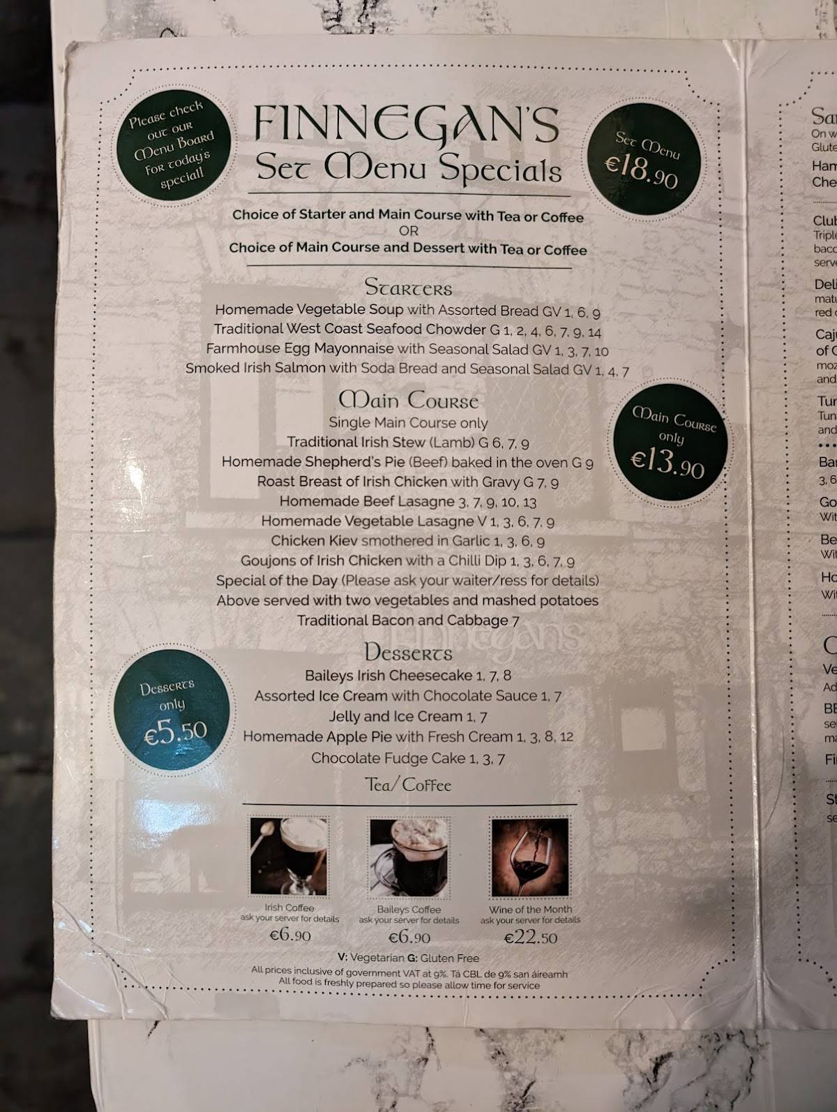 Menu at Finnegans restaurant, Galway