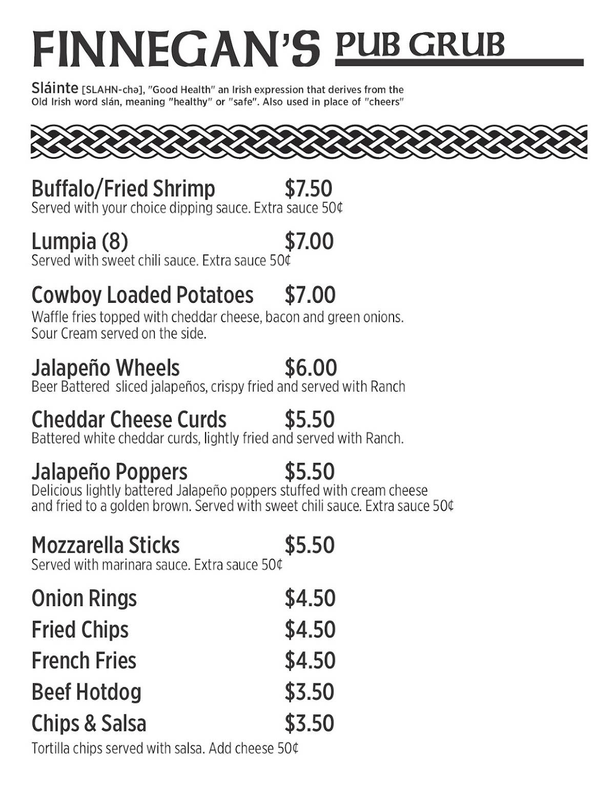 Carta del restaurante Finnegan's Grille, Kings Bay Base