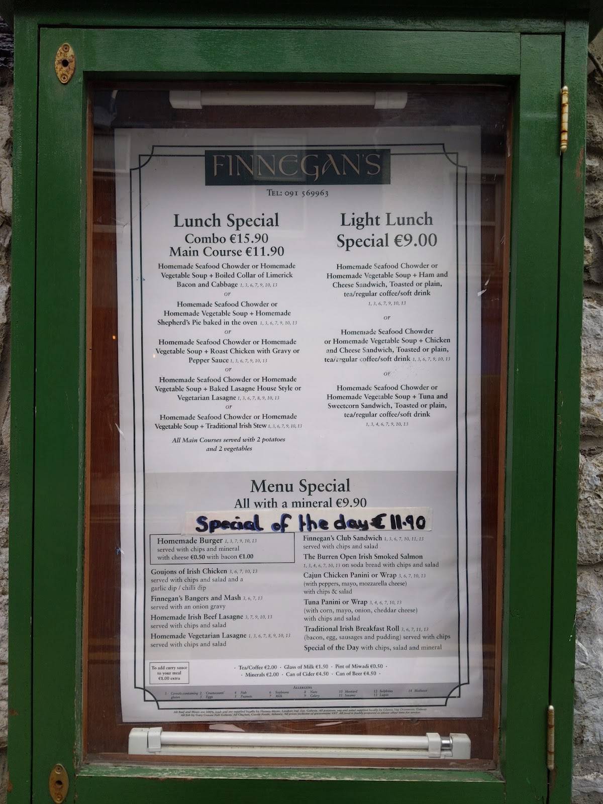 Menu at Finnegans restaurant, Galway