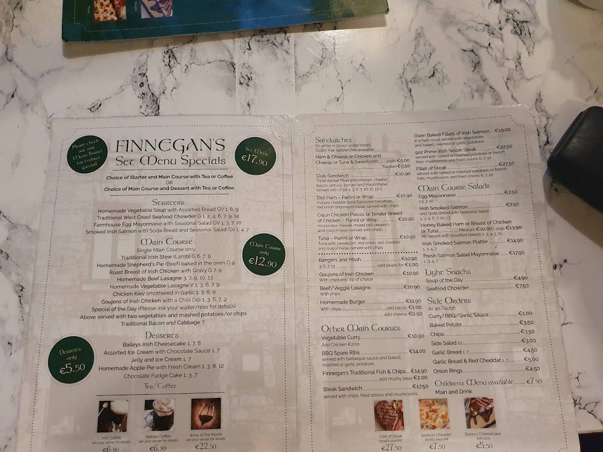 Menu at Finnegans restaurant, Galway
