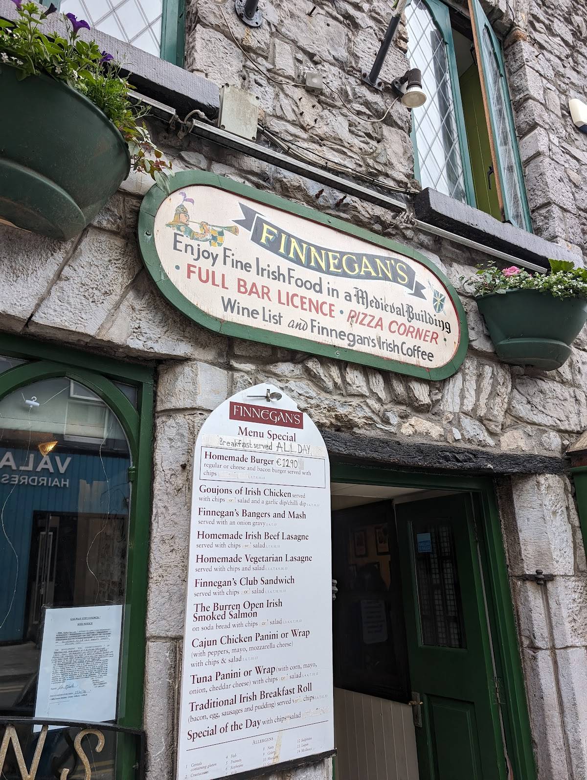 Menu at Finnegans restaurant, Galway