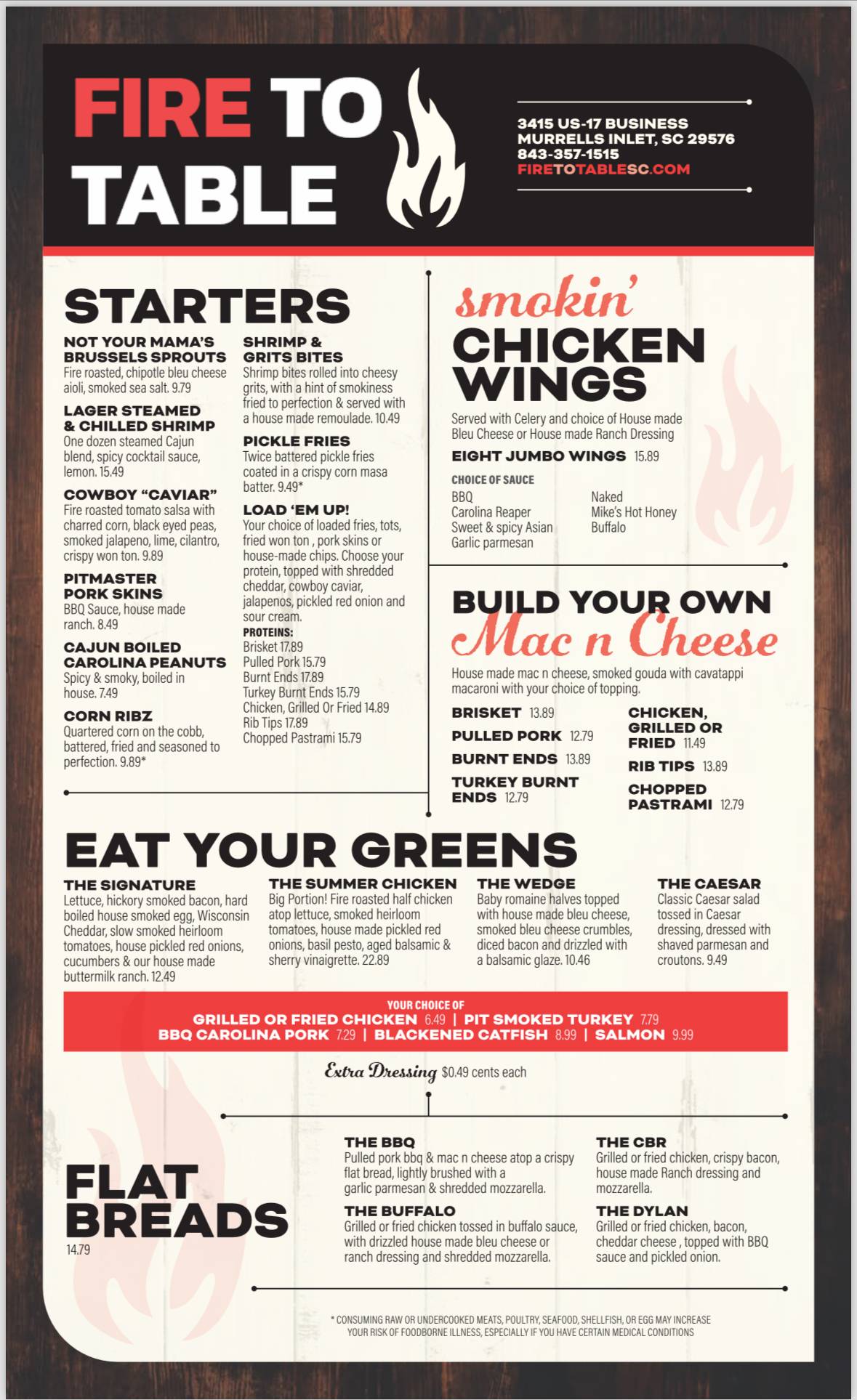Menu at Fire To Table restaurant, Murrells Inlet
